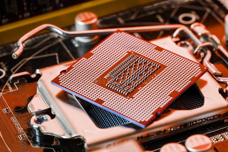 The Central Processor on the Computer Motherboard in Red Colors Stock ...