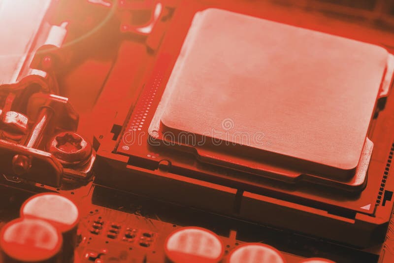 The Central Processor on the Computer Motherboard in Red Colors Stock ...