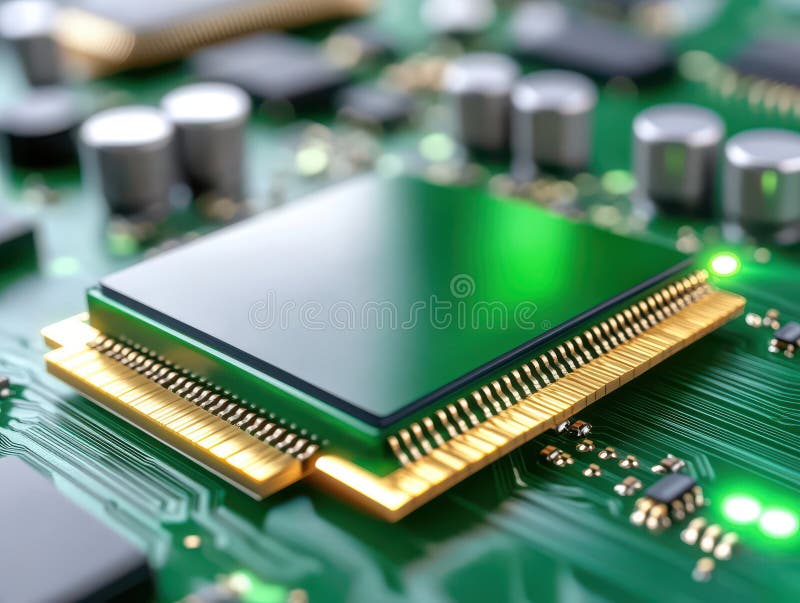 The Central Processor on the Motherboard Has a Green Coating and Gold ...