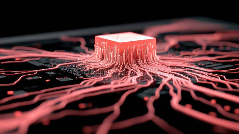 Central Processor Unit on Circuit Board. Red Energy Flows from Cube ...