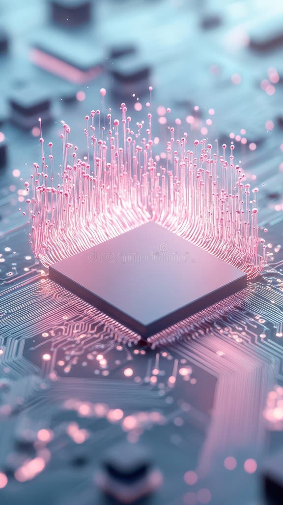 Central Processor Unit Emitting Light on a Circuit Board, Digital Data ...