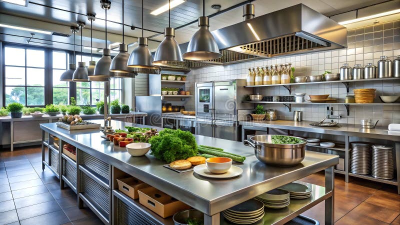 Central Restaurant Kitchen with Stainless Setup Stock Illustration ...