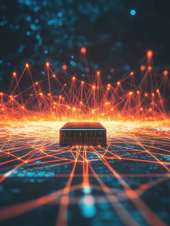 A Central Router Connects Numerous Glowing Lines, Symbolizing Network ...