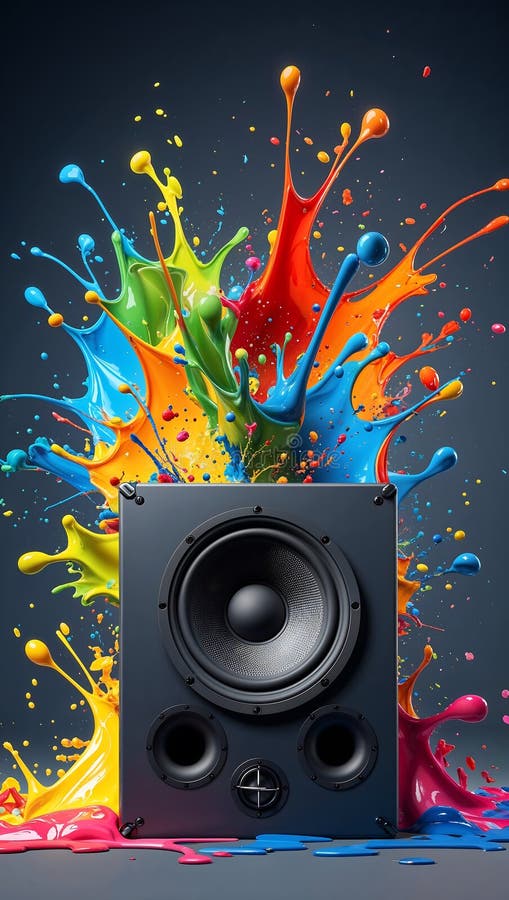 Central Speaker with Explosive Colorful Paint Splashes Around it Stock ...