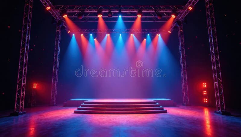 Central Stage with Complex Lighting and Trussing, Theater, Spots Stock ...