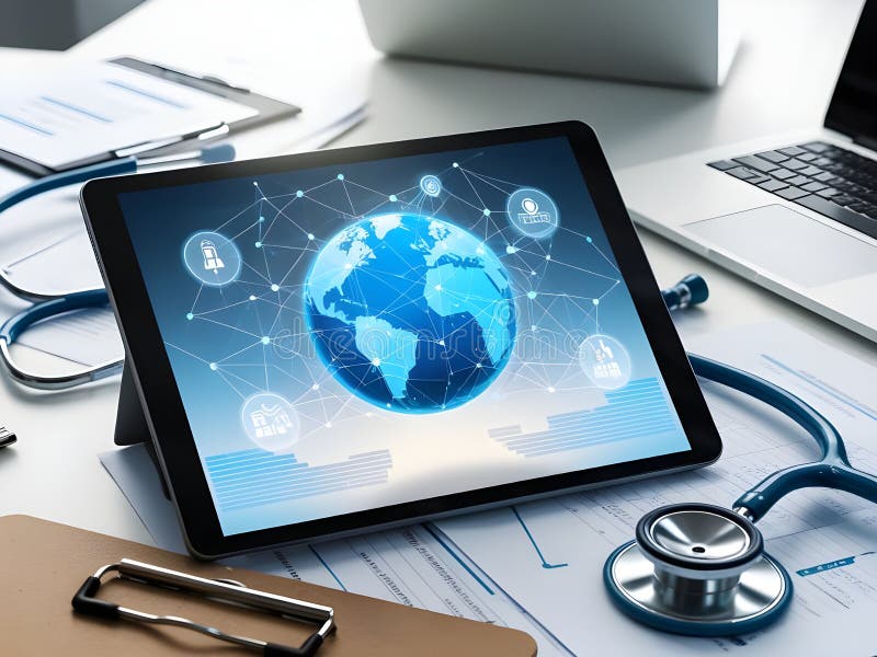 The Central Subject is a Tablet Displaying a Digital Globe with Various ...