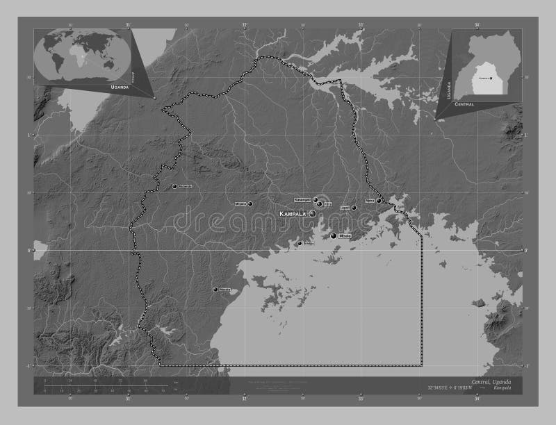 Central, Uganda. Grayscale. Labelled Points of Cities Stock ...