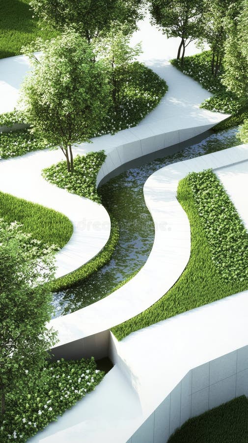 Central Water Feature with White Garden Path and Green Grass in a Small ...