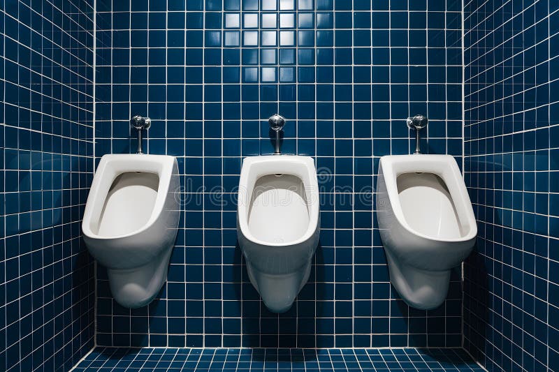 Central White Urinal on Blue Tiled Wall, Showcasing Functional Bathroom ...