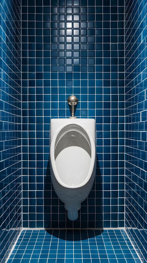 Central White Urinal on Blue Tiled Wall, Showcasing Functional Bathroom ...