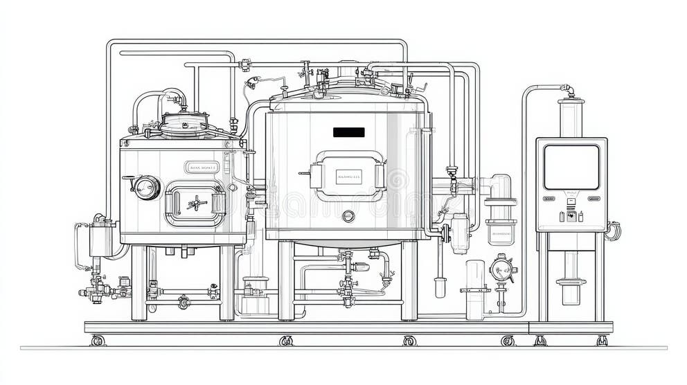 Detailed Digital Line Art of a Brewing System Diagram Showcasing ...