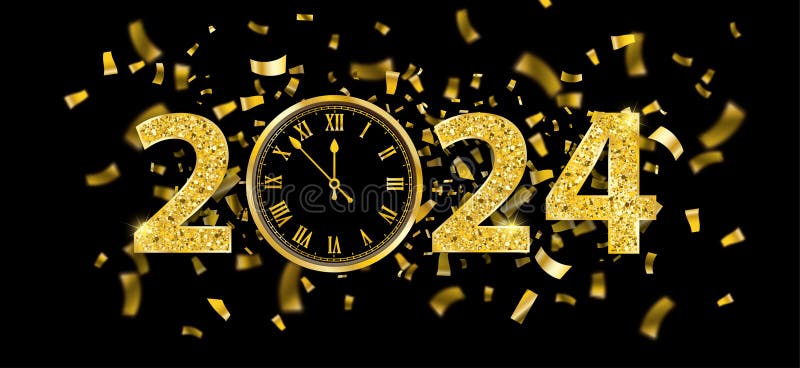 2024 Centre Clock Golden Confetti Black Header Stock Vector ...