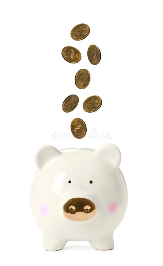 Cents Falling into Piggy Bank on White Background Stock Image - Image ...