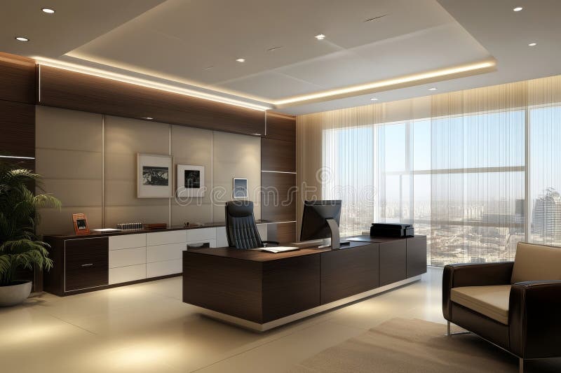 Ceo Business Interior with Desk Near Window, Pc. Stock Illustration ...