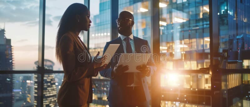 CEO and Investment Manager Stand in Big City Office, Using Laptop ...