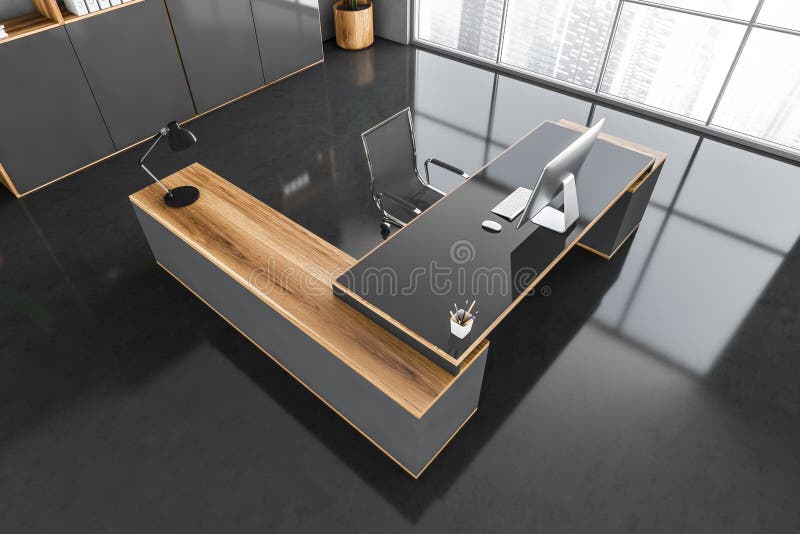 CEO Office Interior with a Wooden Table, a Computer Standing on it. Top ...