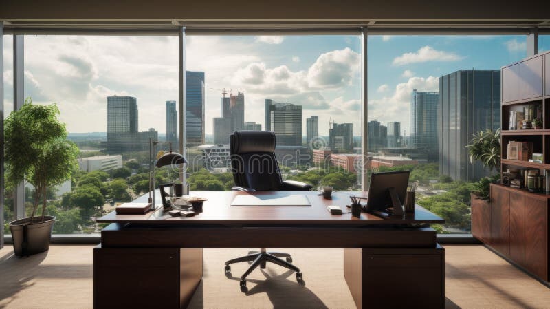 A Ceo S Desk with a Panoramic View of the Corporate Campus Stock ...