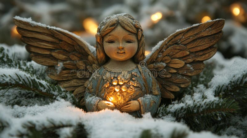 A Ceramic Angel Figurine Holding a Light in a Snowy Evergreen Forest ...