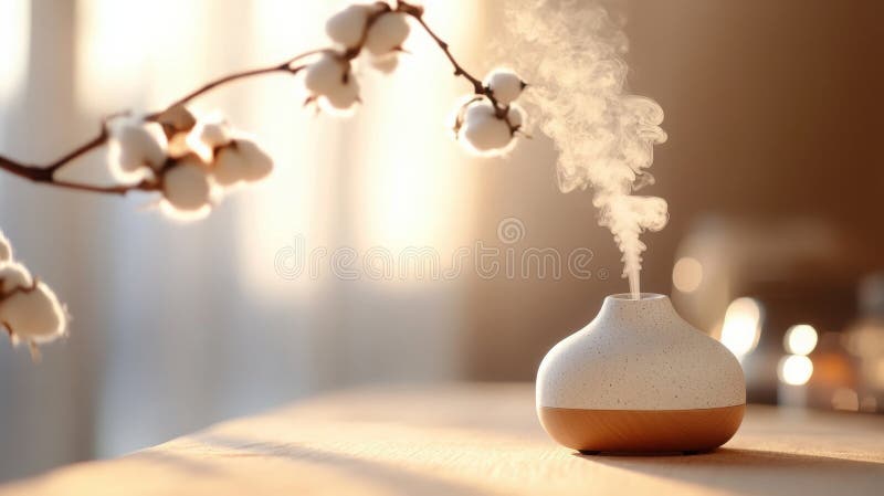 Ceramic Aroma Diffuser with Wisps of Smoke, Warm Glow from Window on ...