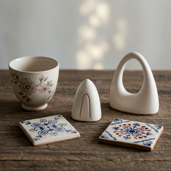 Ceramic Artwork Arranged on a Wooden Surface. Includes a Cup with ...