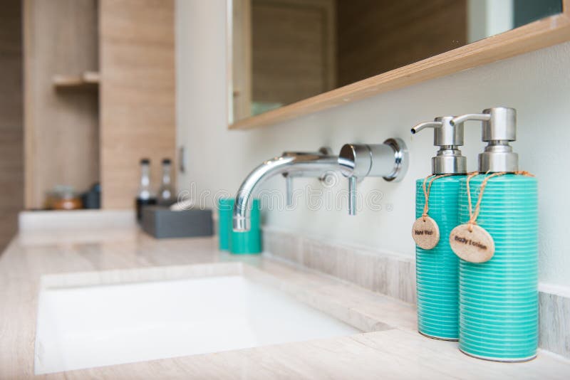 Ceramic Bottle Set in Bathroom Stock Photo - Image of amenities, beauty ...