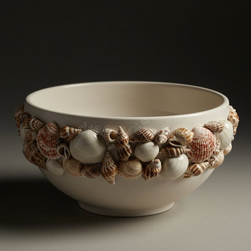Ceramic Bowl Featuring a Decorative Array of Seashells Around Its ...