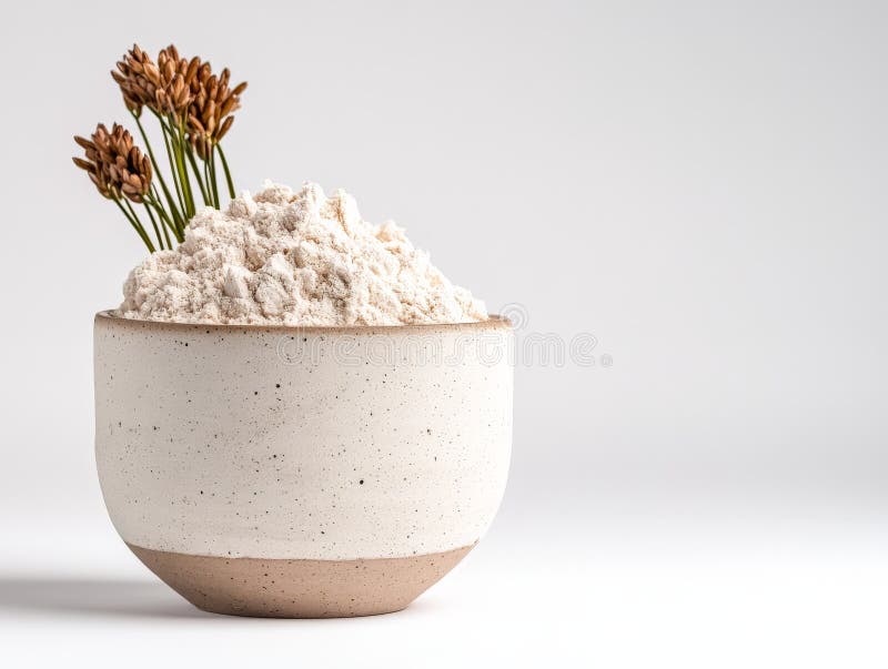 Ceramic Bowl Filled with Fine White Flour Alongside Wheat Stalks on a ...