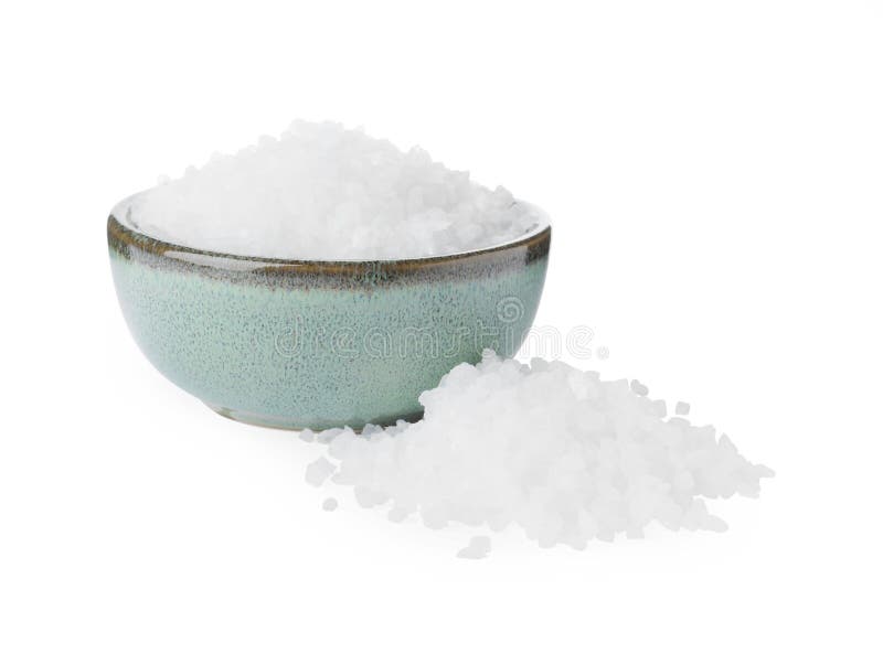 Ceramic Bowl and Heap of Natural Sea Salt Isolated on White Stock Photo ...