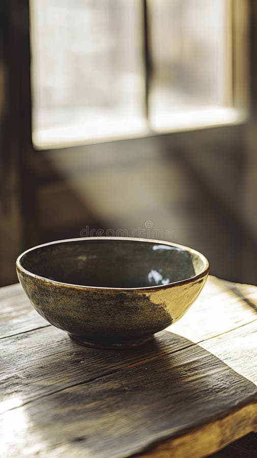Ceramic Bowl on a Wooden Table, Sunlight Streaming in Stock Image ...