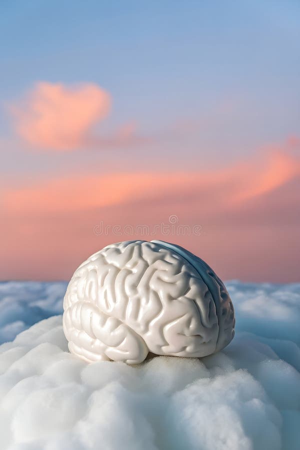 Ceramic Brain Resting on a Fluffy Cloud Under a Pastel Sky during ...