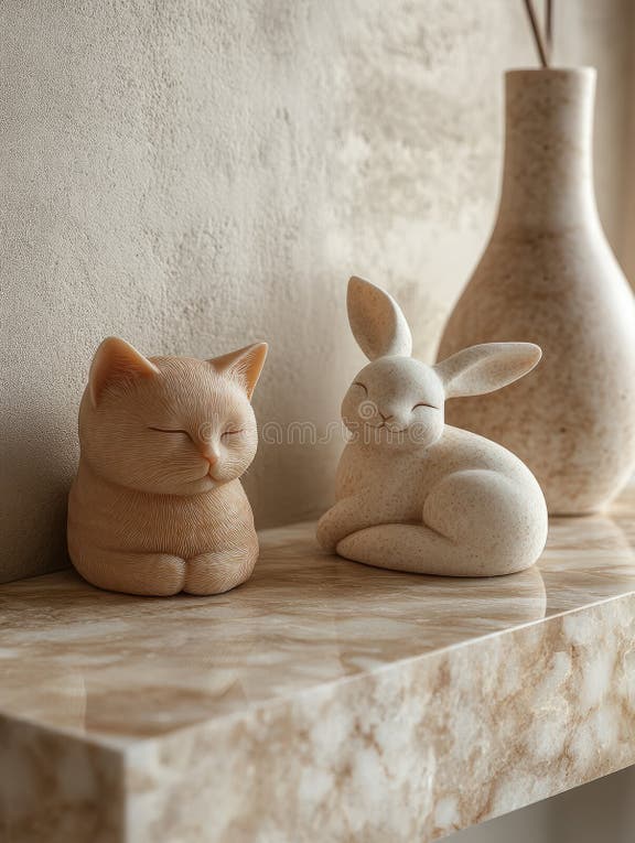 Ceramic Cat and Rabbit Figurines on a Marble Shelf Stock Photo - Image ...