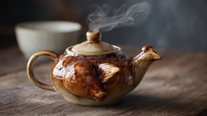 Ceramic Chicken Shaped Teapot with Steam on Rustic Wooden Table Stock ...