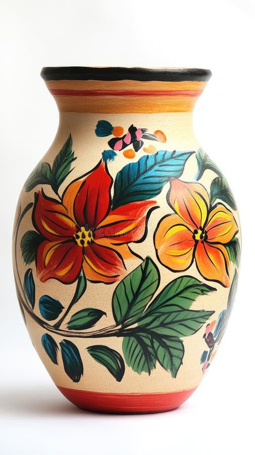 Ceramic Clay Jar with Colourful Floral Ornament Isolated on White ...