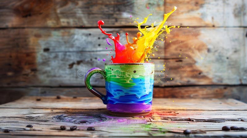 A Ceramic Coffee Cup with a Rainbow Explosion, Colors Intertwining and ...