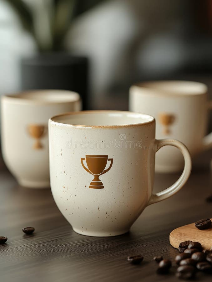 Ceramic Coffee Cup with Trophy Design and Coffee Beans. Stock Photo ...