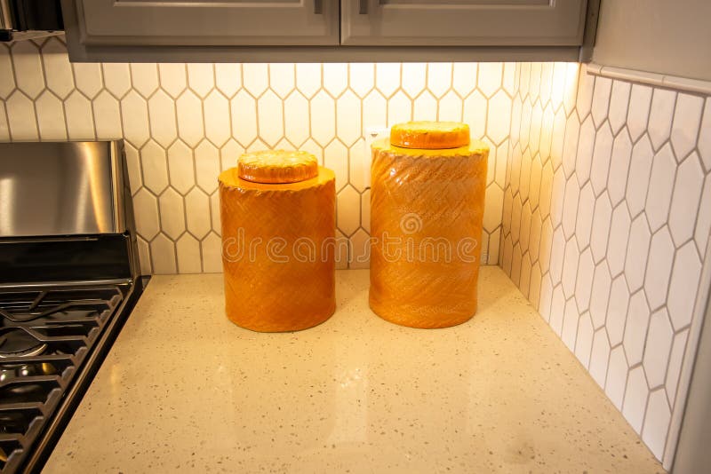 Ceramic Containers with Lids on Kitchen Counter Stock Image - Image of ...