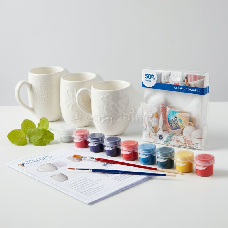 Ceramic Crafting Kit Featuring Three White Mugs with Embossed Designs ...