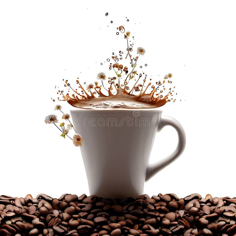 Ceramic Cup of Coffee with Coffee Beans and Flower Splash for ...