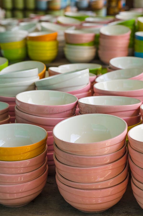 Ceramic Cup, Many White Different Plates Stacked Together. Stock Photo ...