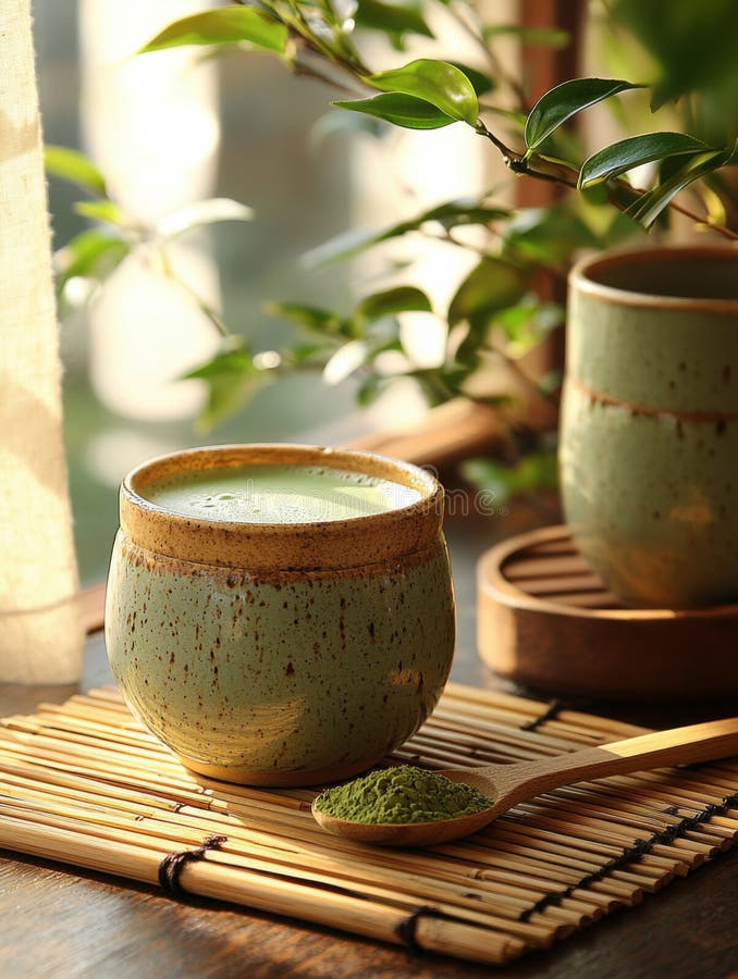Ceramic Cup of Matcha Tea on Bamboo Mat with Sunlight. Generative AI ...