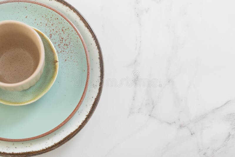 Cup and Plate on White Marble Table Stock Image - Image of kitchenware ...