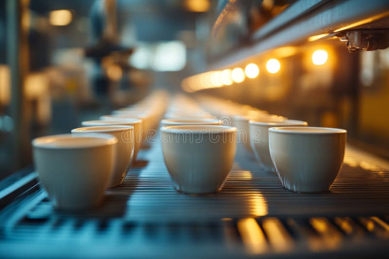 Ceramic Cups Moving on an Automated Conveyor Belt Under Warm Lighting ...