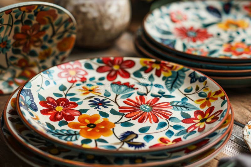 Ceramic Decorative Plates with Colorful Floral Patterns. Generative AI ...