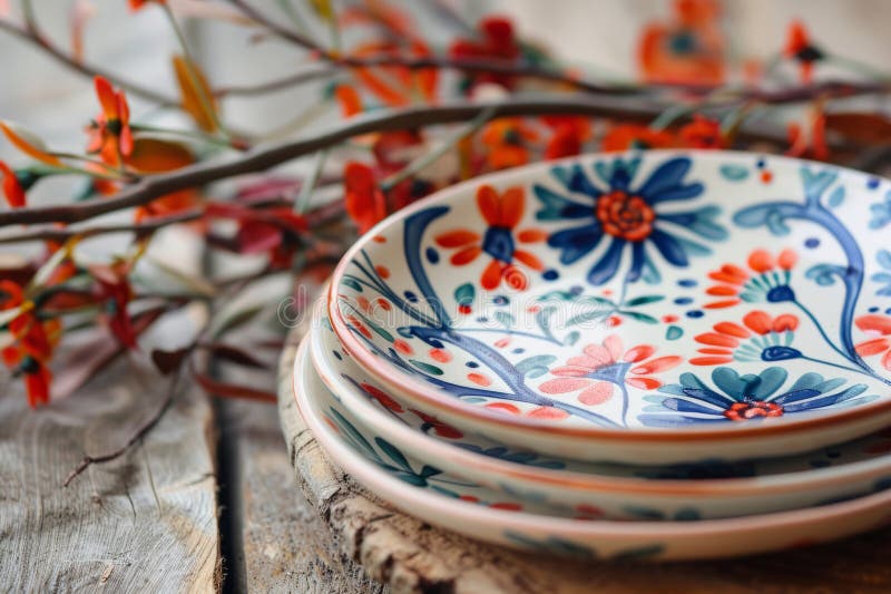 Ceramic Decorative Plates with Colorful Floral Patterns. Generative AI ...