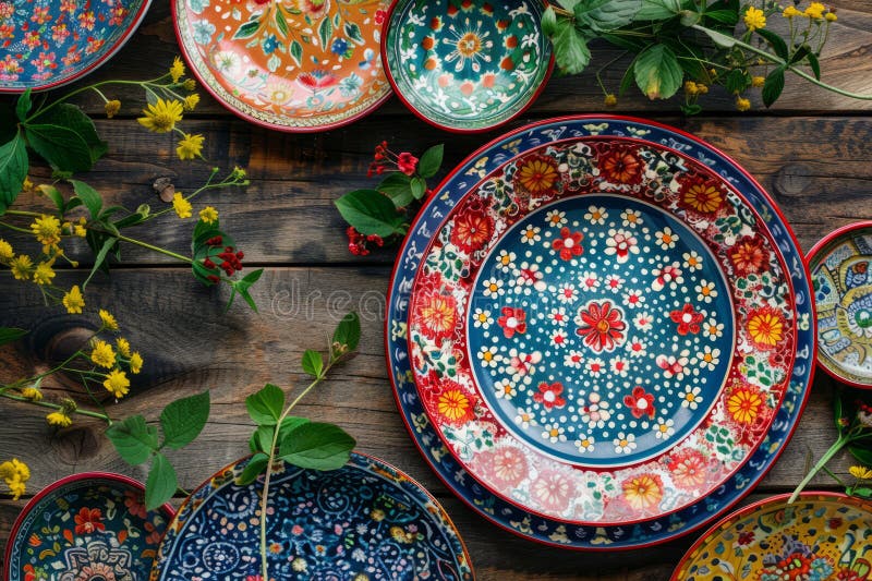 Ceramic Decorative Plates with Colorful Floral Patterns. Generative AI ...