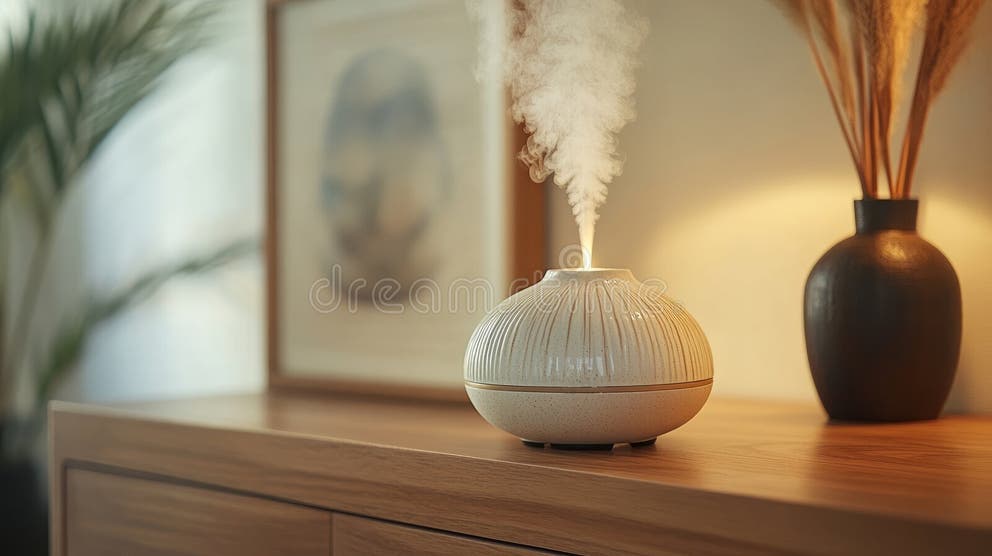 Ceramic Diffuser Emitting Steam on a Wooden Cabinet Stock Photo - Image ...