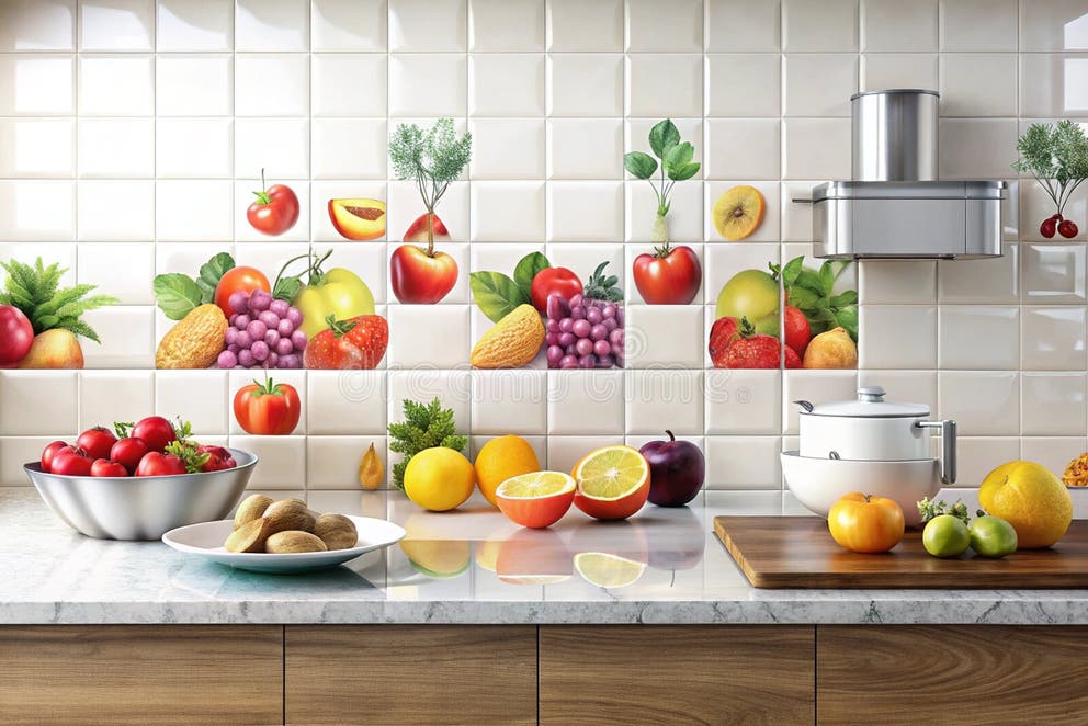 Ceramic Digital Wall Tiles with Kitchen Set and Fruits Design Stock ...