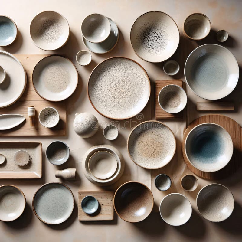 Ceramic Dishes Artfully Arranged on a Beige Surface, Showcasing Texture ...
