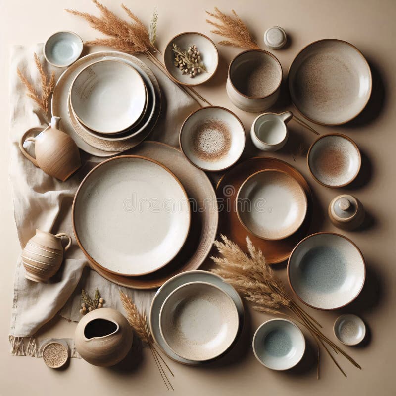 Ceramic Dishes Artfully Arranged on a Beige Surface, Showcasing Texture ...