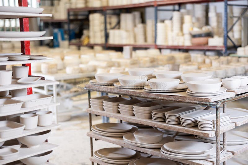 Ceramic Dishes Blanks on Factory Rack Stock Photo - Image of model ...